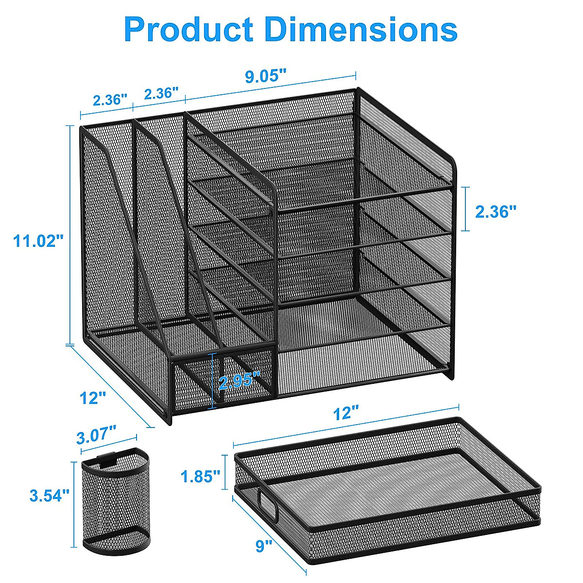 Lavatino Desk Organizer with File Holder, 5-Tier Paper Letter Tray Organizer with Sliding Drawer and 2 Pen Holder, Mesh Desktop File Organizer for Office Supplies (Black)