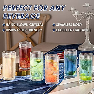Claplante Drinking Glasses, Origami Style 6 pcs Glass Cups with straw, 12oz Highball Glasses, Elegant Ripple Vintage Glassware, Ribbed Glasses, Iced Coffee Glasses Ideal for Cocktail Whiskey, Juice