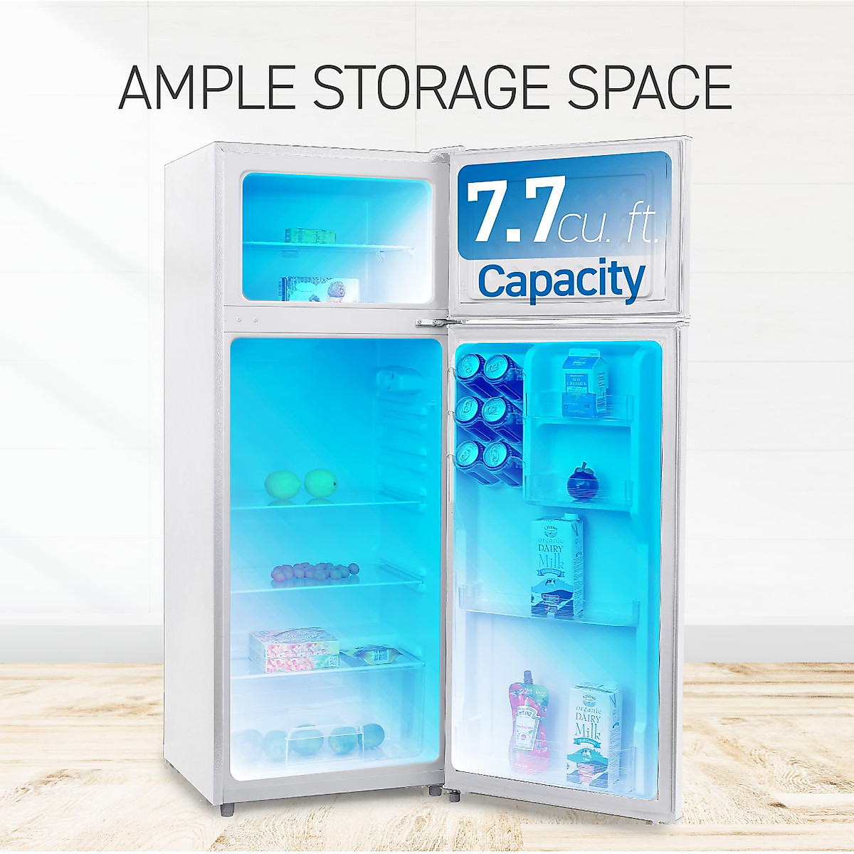 Commercial Cool CCR77LWW 7.7 Cu. Ft Freezer, Top Mount Fridge with Glass Shelves, Bottle Storage, Beverage Rack, Crisper Drawer Cover in White Refrigerator