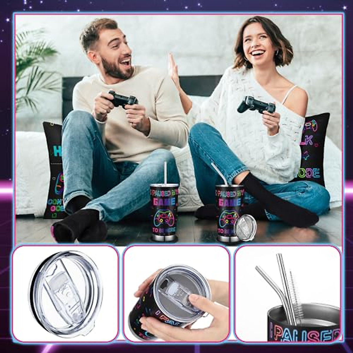 Pickmesh 12 Pcs Gamer Gifts Gaming Gifts for Men Father Him Video Box Include Pillow Cover Tumbler Socks Coaster Keychain for Boyfriend Husband Birthday