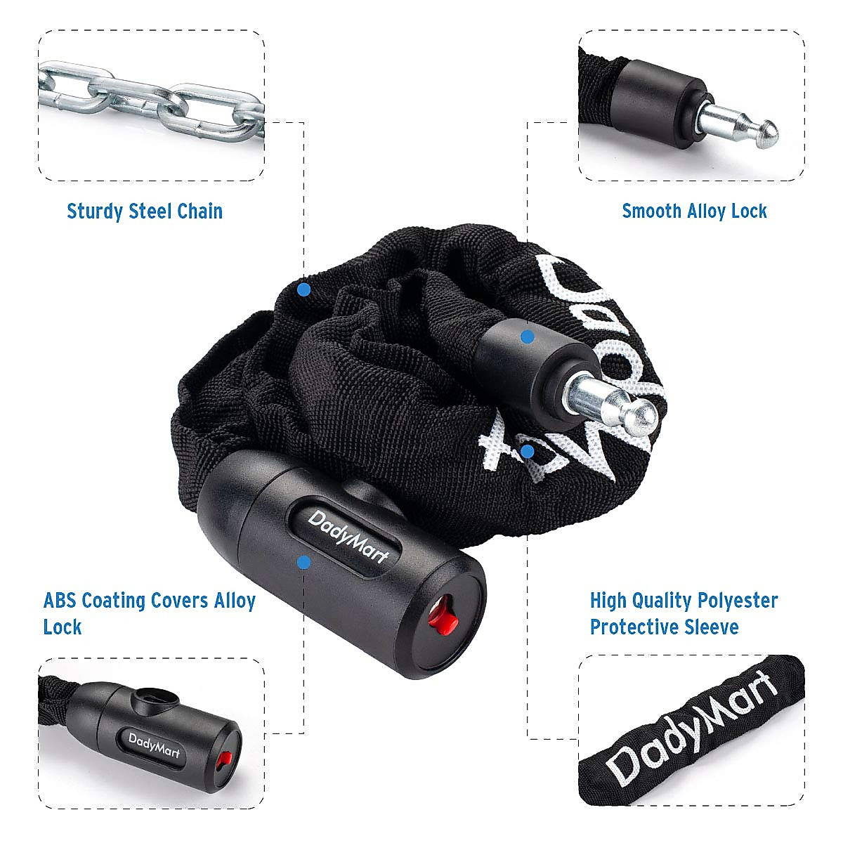 DadyMart Bike Chain Lock, 6mm Thick Security Chain Lock Bike Lock Heavy Duty Anti Theft Bike Locks with Keys, Bicycle Chain Lock for Motorcycle, Gate, Fence