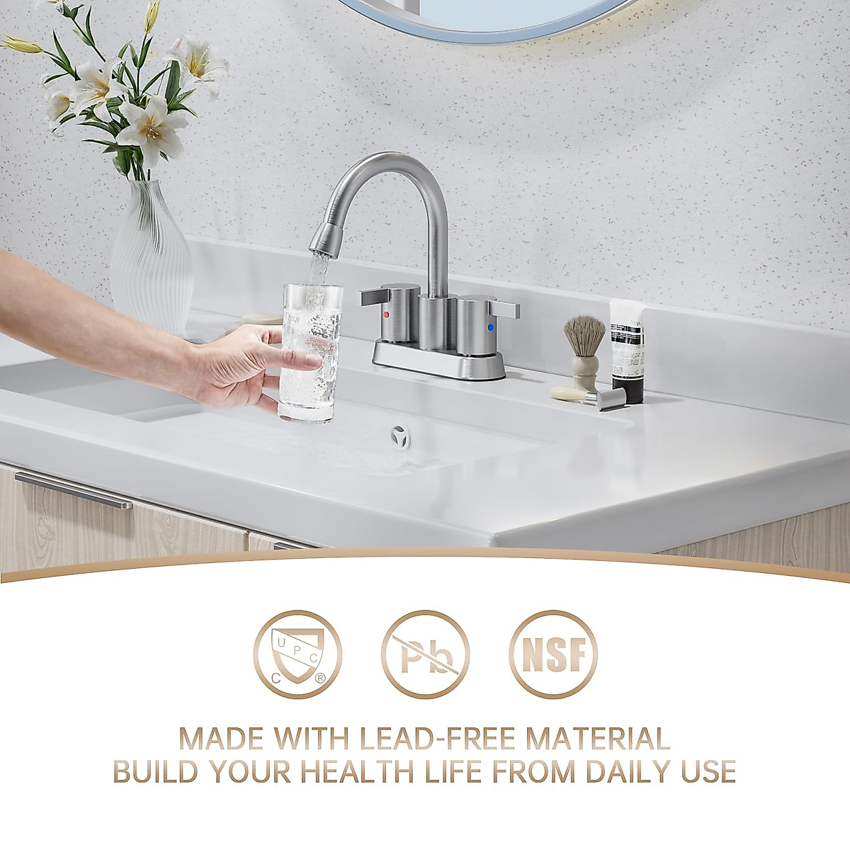 Phiestina Pull Down Sprayer Brushed Nickel Bathroom Faucet, 4 Inch 3 Hole Centerset Pull Out Bathroom Sink Faucet，with 360 Swivel Spout, Metal Pop-Up Drain & cUPC Water Supply Lines, BF04011-K01-GBN