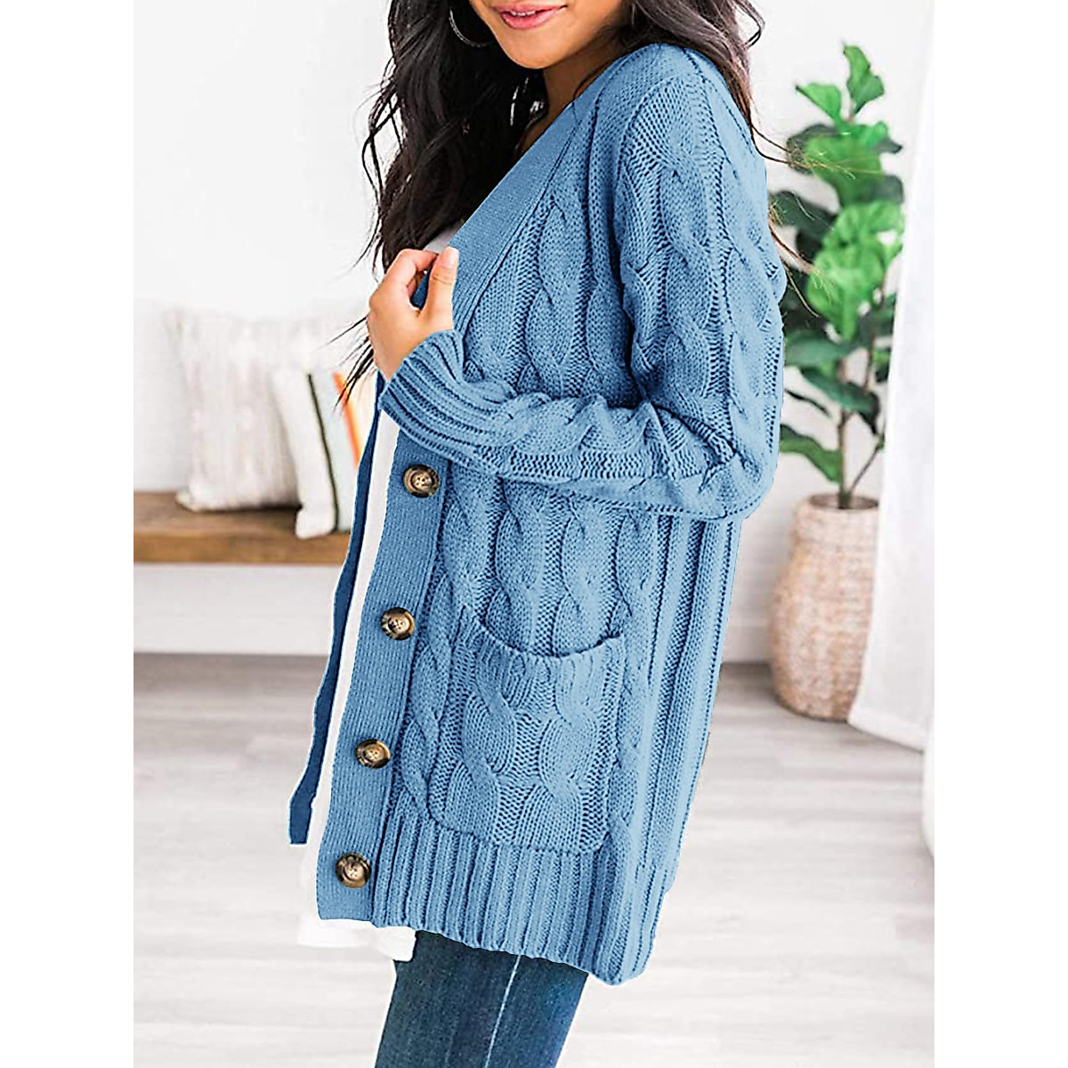 PRETTYGARDEN Women's Open Front Cardigan Sweaters Fashion Button Down Cable Knit Chunky Outwear Coats (Blue,Small)