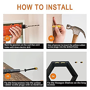 KEZORY Hexagon Floating Shelves, Honeycom Wall Shelves Set of 3, Suitable for Living Room, Kitchen, Bedroom, Bathroom or Office Wall Mounted Wooden Hexagon Shelf (Black)