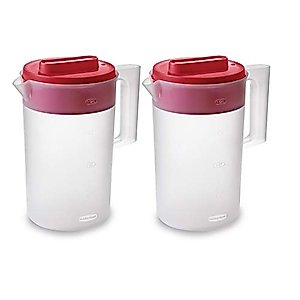 Rubbermaid 2-Piece Pitcher Set with 3 Position Pour Spout Lid for Water, Tea, and Drinks, Dishwasher Safe, 1-Gallon, Clear/Red