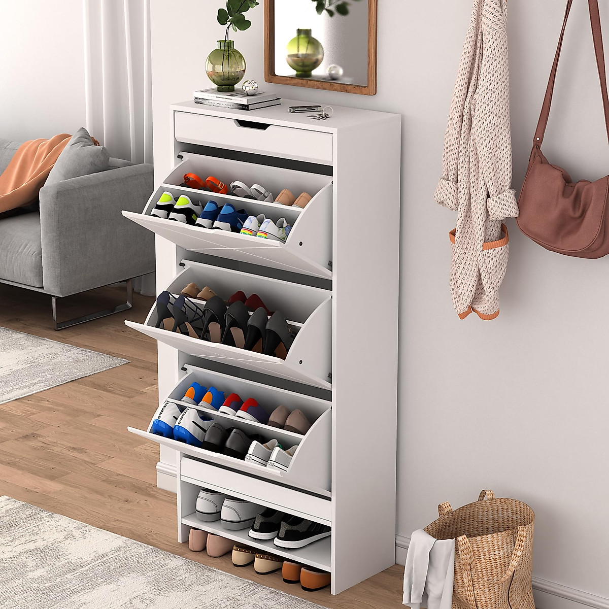 Modern Freestanding White Shoe Storage, with 3 Tier Tipping Bucket Shoe Storage Cabinet and 1 Drawers 2 Tier Open shoe cabinet,Wood 3-Tier Shoe Rack Storage Organizer for Entryway,Hallway & Bedroom