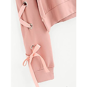 SweatyRocks Women's Casual Lace up Long Sleeve Pullover Crop Top Sweatshirt Solid Pink Small