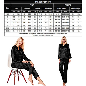SWOMOG Long Sleeve Pajamas Set Silk Satin Sleepwear Button Down Pjs Loungewear with Pocket Black X-Small