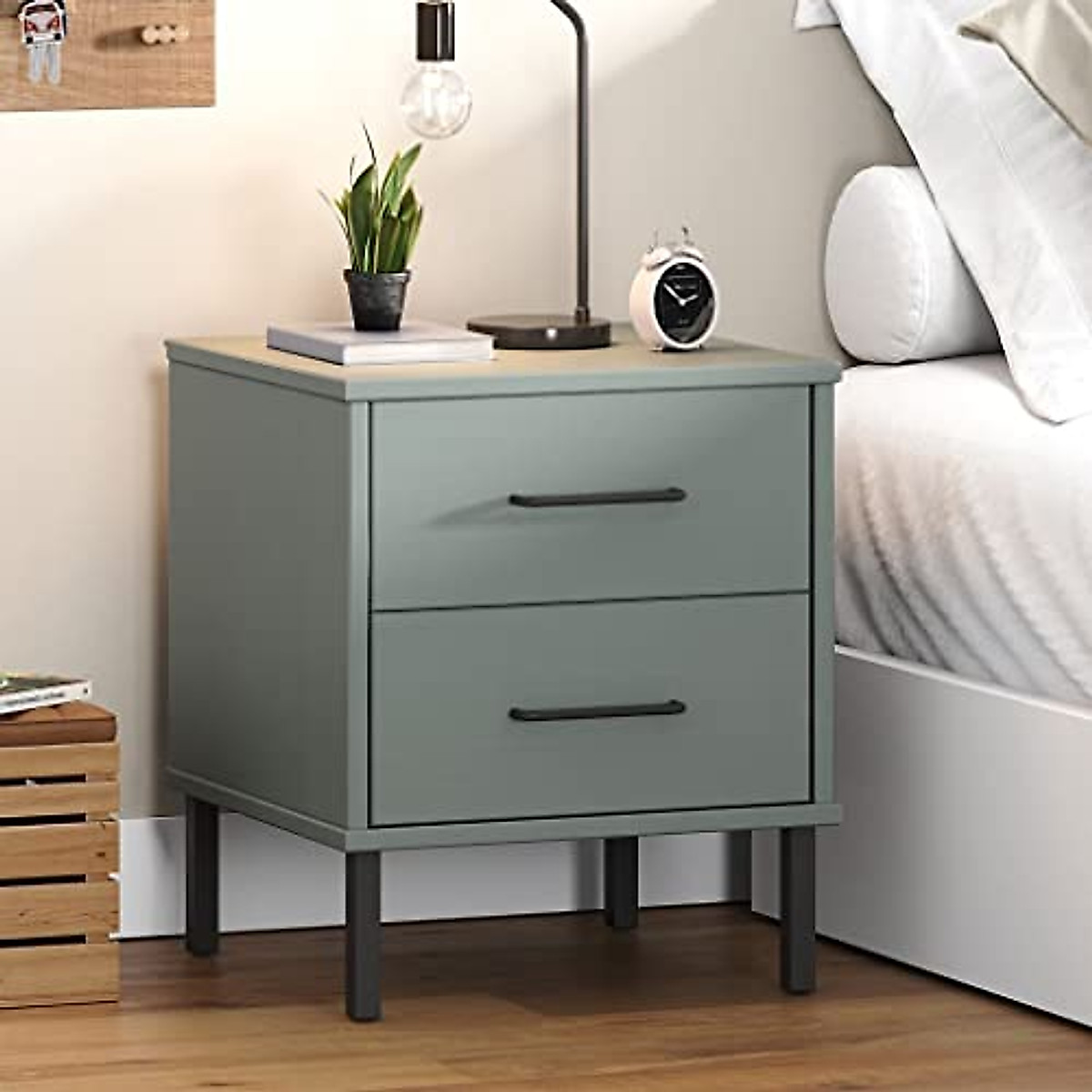 GOLINPEILO Wooden Bedside Cabinet with Metal Legs and 2 Drawers, Solid Wood NightStand End Side Table for Home Office, Gray 15.7"x13.8"x19.1"(B)
