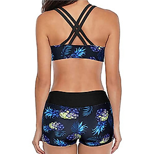 Yonique Tankini Swimsuits for Women 3 Piece Bathing Suits Swim Tank Top with Boy Shorts and Bra Modest Swimwear Black&Leaf XL