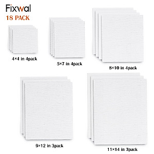 Fixwal 18 Pack Canvases for Painting Art Canvas Boards Canvas Panels Multipack, 4x4, 5x7, 8x10, 9x12, 11x14 Inches, 3mm Thickness Canvas Value Multi Pack for Acrylic Pouring, Oil Paint Art