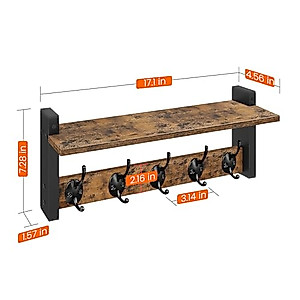 Homode Wall Hooks with Shelf, Wood Coat Rack with Shelf Wall-Mounted, Entryway Hanging Shelf with 5 Metal Hooks for Clothes Hats Towel Purse Robes, Bathroom Mudroom Bedroom, Rustic Brown Black