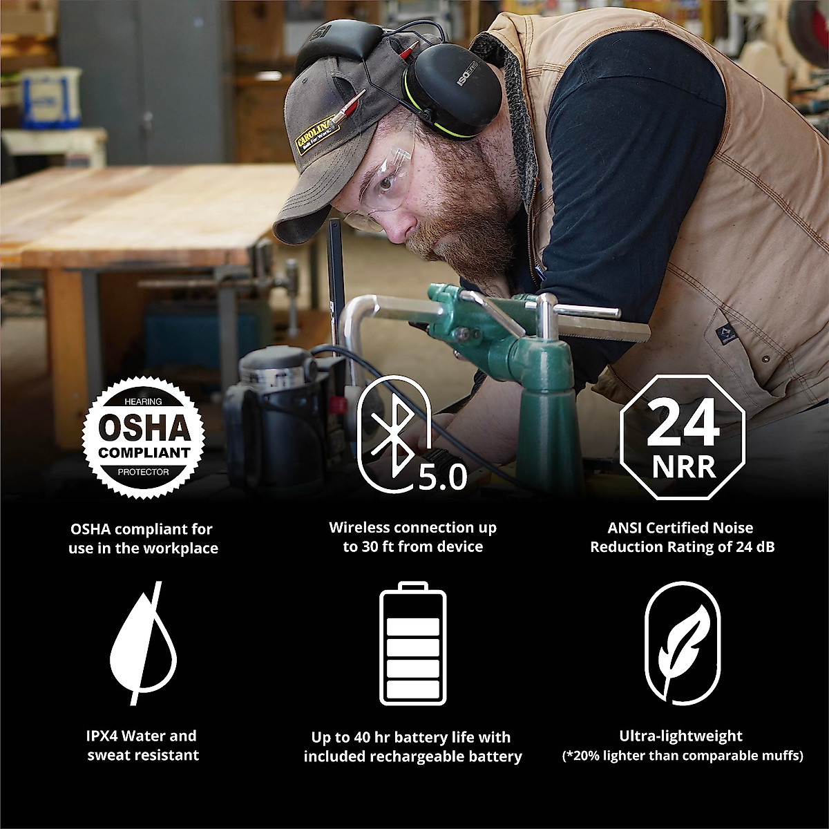 ISOtunes AIR DEFENDER Bluetooth Earmuffs: Comfortable Wireless unisex adult Hearing Protection with 40 Hour Battery Life