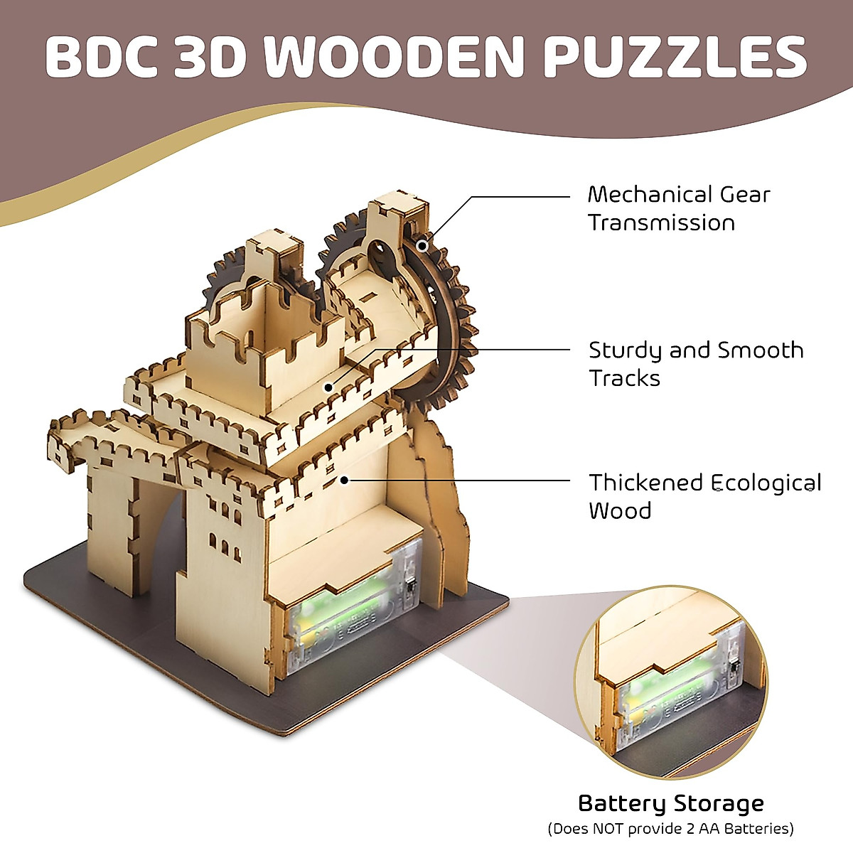 BDC 3D Wooden Puzzles for Teens & Adults, Electric Mechanical Building Project, 3D House Kit, Wooden Marble Track, Cool DIY Puzzle Gift for Aged 14+, (The Fortress)