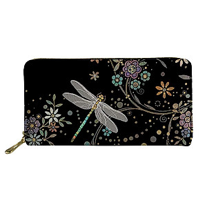 GIFTPUZZ Dragonfly Design Black Wallets for Women Girls Rfid Blocking Clutch Party Bag Travel Shopping Purse PU Leather Card,Cash,Coin Holder Zip Around Wallet Money Clips