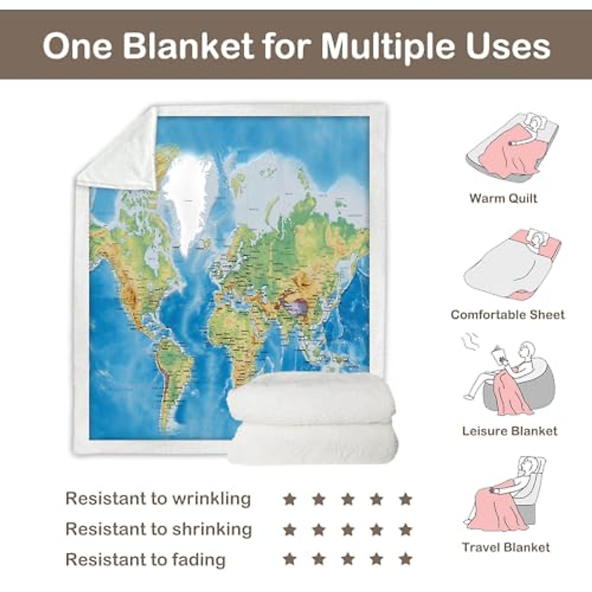 Sleepwish Map Fleece Blanket Blue Throw Blanket Soft Kids Throw Blanket Thick Plush Blanket Vivid 3D Print Map of The World Sherpa Blankets for Teens Kids Boys Girls 50x60 Inches