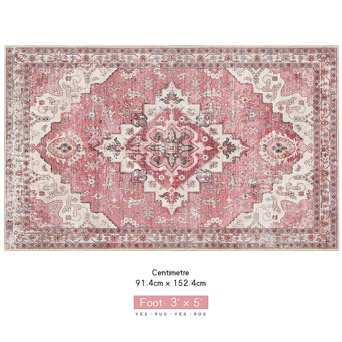 YesRug Pink Small Rug 3x5 Boho Vintage Rug for Living Room Bathroom Bedroom Kitchen Office Area Rug Non Slip Washable Low Pile Indoor Distressed Thin Carpet