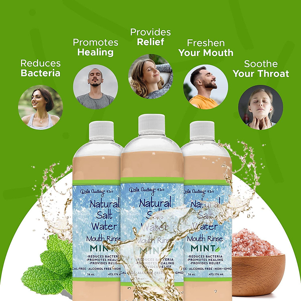 Natural Saltwater Mouth Rinse | Himalayan Pink Salt Water Oral Rinse | Organic Refreshing Mint Flavor Fluoride Free for Fresh Breath | Mouthwash for Bad Breath Treatment | 3 Pack 16 Oz