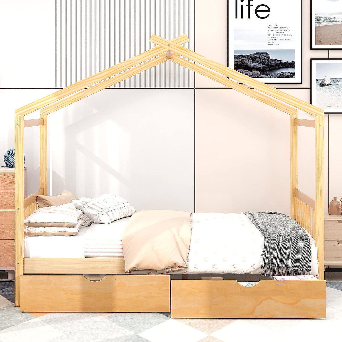 Harper & Bright Designs Full Size House Bed for Kids, Montessori Bed, Wood Full Platform Bed Frame with 2 Storage Drawers, Headboard and Footboard, Full Storage Bed for Kids, Girls & Boys, Natural