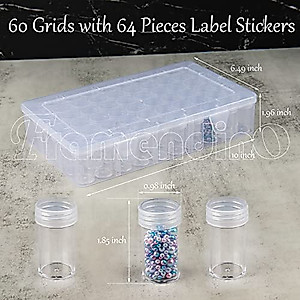 Framendino, 60 Grids Diamond Painting Storage Container Jars with Lid 64 Pcs Label Stickers Plastic Beads Container for DIY Diamond Nail Art Crafts Seeds