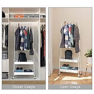 KINGRACK 2-in 1 Garment Rack, Clothing Rack with 2 Tier Metal Basket, Rolling Storage Cart Clothes Organizer Coat Rack Storage Stand on Wheels for Home Bedroom Laundry Small Place Entryway, White