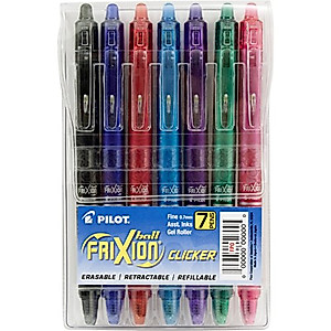 PILOT FriXion Clicker Erasable, Refillable & Retractable Gel Ink Pens, Fine Point, Assorted Color Inks, 7-Pack Pouch with Rocketbook Pen/Pencil Holder (31472P)