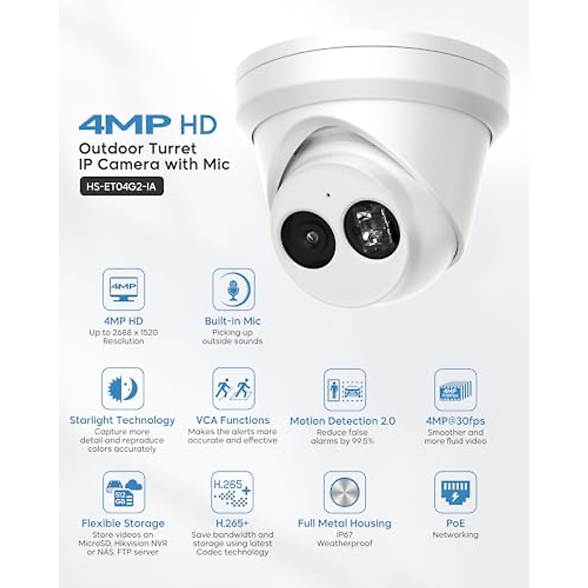 4MP PoE IP Turret Camera Outdoor with Mic, Smart Perimeter Protection, Human/Vehicle Detection, 4MP@30fps, 98ft EXIR Night Vision, 120dB WDR, IP67, Full Metal, 2.8mm Lens, Hik-Connect/iVMS-4200