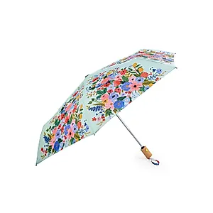RIFLE PAPER CO. Garden Party Umbrella, Matching Storage Sleeve, Portable 11.125" Fold Up Size, Auto Open and Close, Wooden Handle, 43" Open Diameter, Printed in Full Color