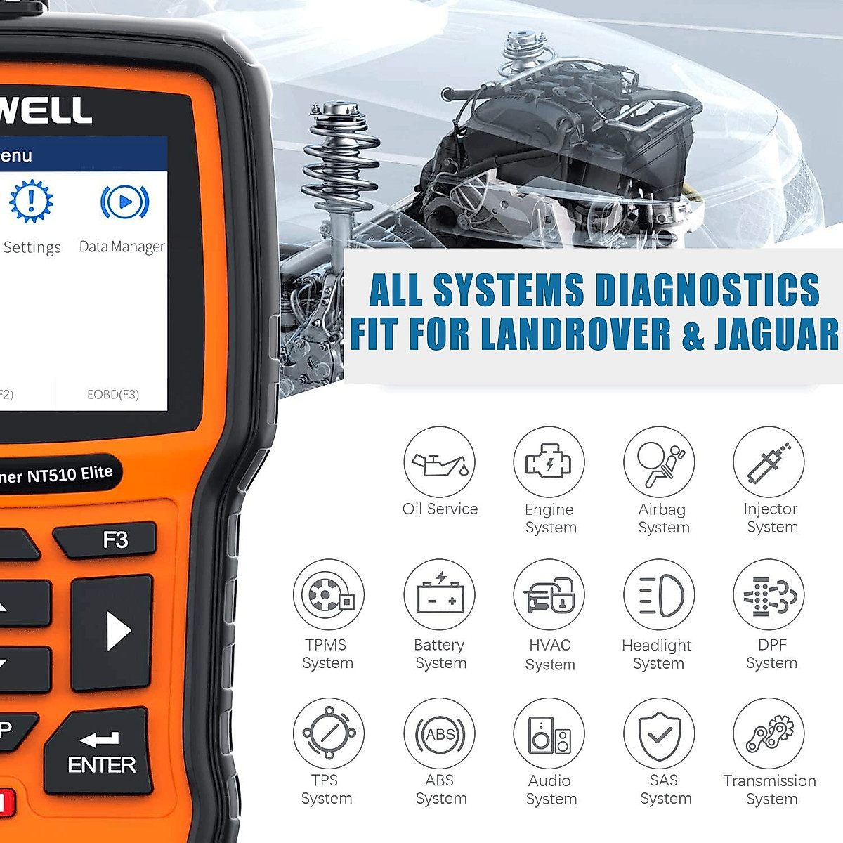 FOXWELL NT510 Elite OBD2 Scanner fit for Land Rover Jaguar Bundle with OBDII Diagnostic Box, All System, All Reset Service, ABS Auto Bleed, Bidirectional/Active Test, Car Code Scanner/Code Reader