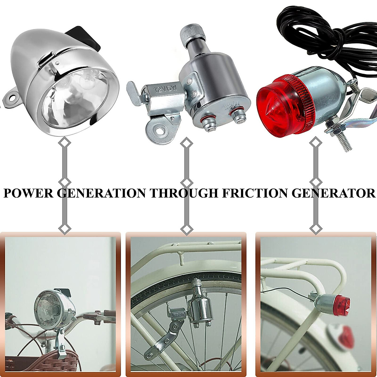 AXITRON Bicycle Motorized Bike Friction Generator Dynamo Head Tail Light Kit 12V 6W