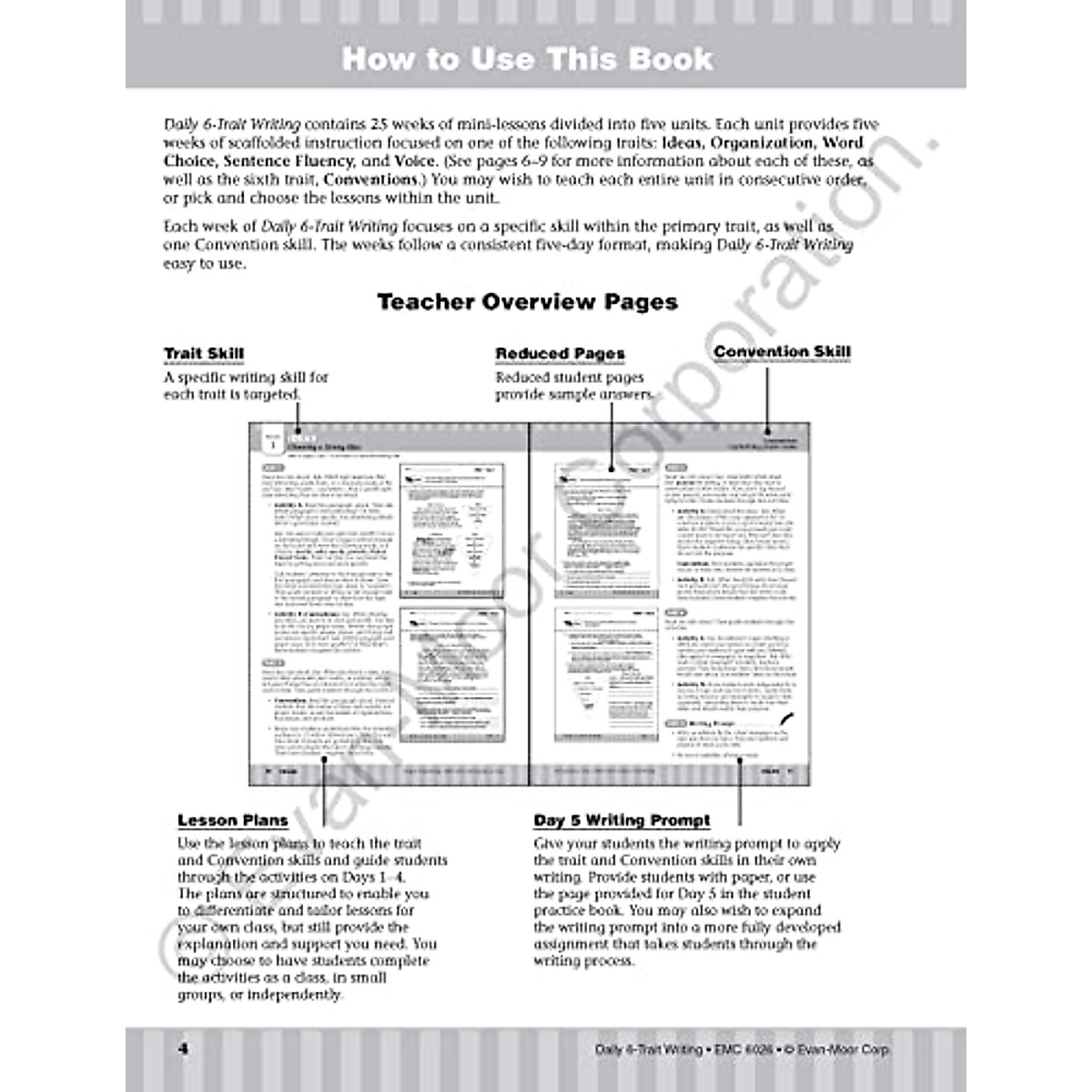 Evan-Moor Daily 6-Trait Writing, Grade 6 Homeschool and Classroom Resource Workbook, Reproducible Worksheets, Teaching Edition, Lesson Plans, Ideas, Organization, Word Choice, Sentence Fluency, Voice
