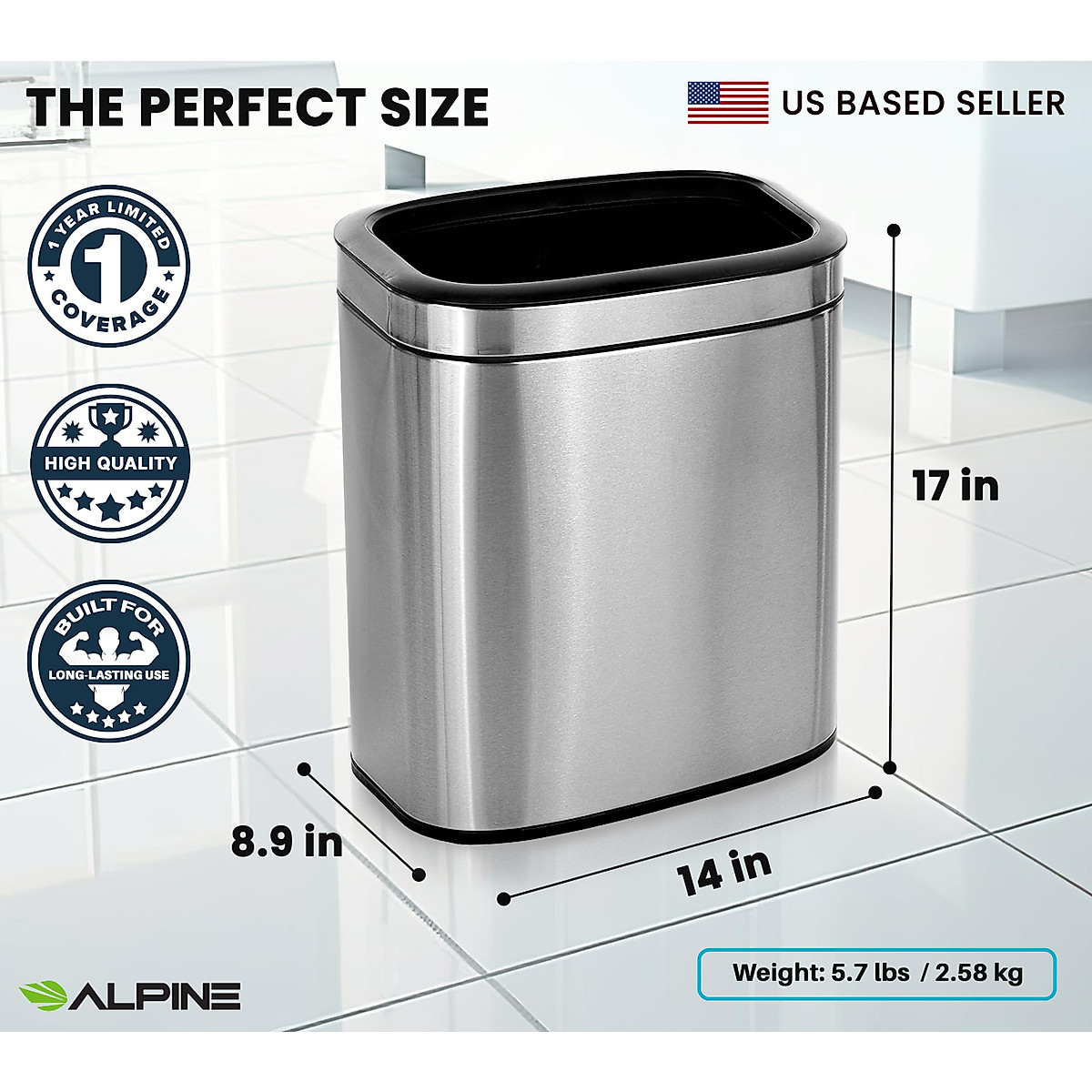 Alpine 20 Liter /5 Gallon Trash Can Open Top - Slim Stainless Steel Trash Can No Lid, Modern Silver Metal Wastebasket, Narrow Trash Can with Removable Trash Bin for Office Desk, Kitchen, Bathroom