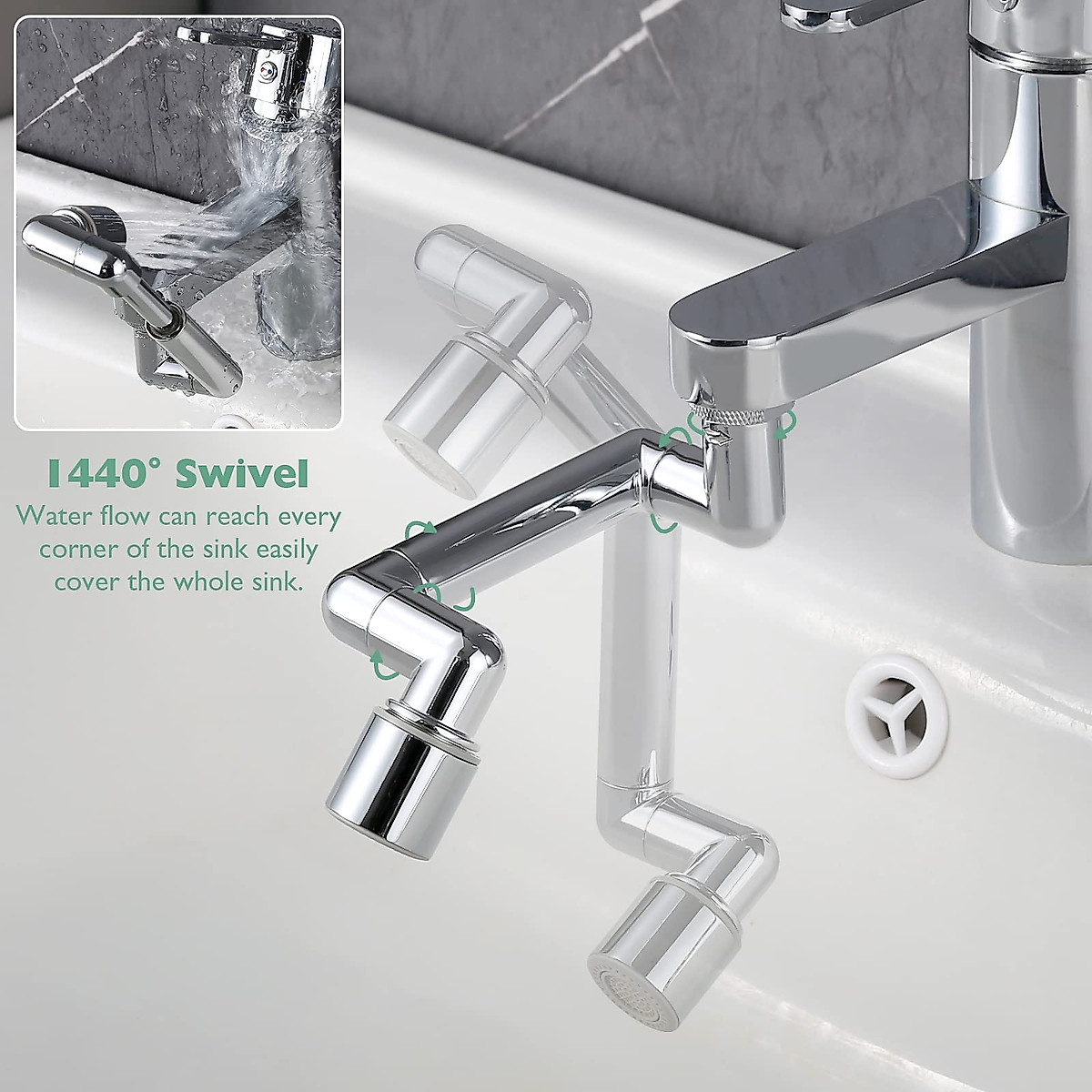 1440° Swivel Faucet Extender(Updated from 1080°), Robotic Arm Faucet Aerator with Female/Male Thread, Sink Faucet Attachment with 2 Water Modes for Kitchen or Bathroom, Plastic Sink Aerator Chrome