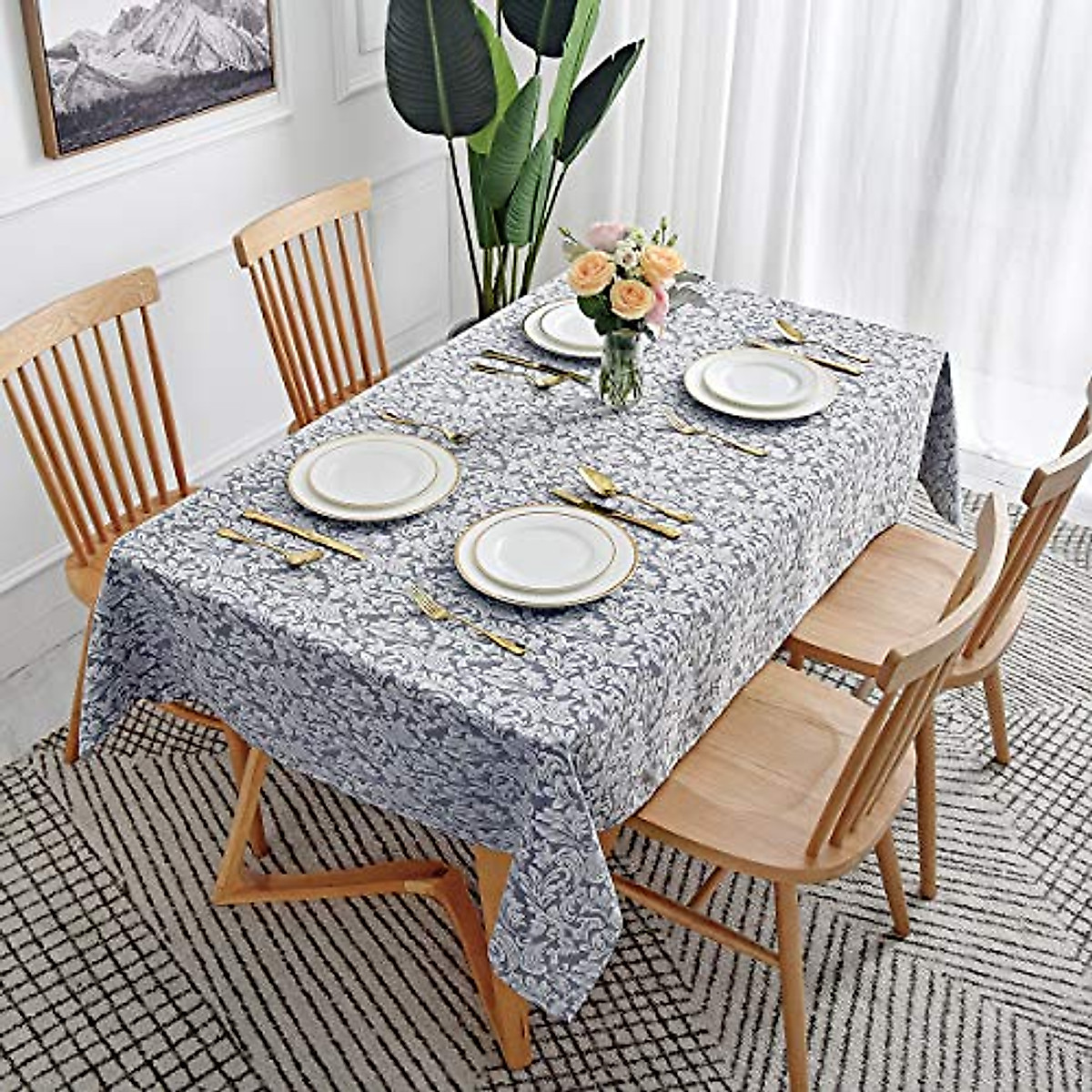 maxmill Jacquard Table Cloth Damask Pattern Spillproof Wrinkle Resistant Oil Proof Heavy Weight Soft Tablecloth for Kitchen Dinning Tabletop Outdoor Picnic Rectangle 52 x 70 Inch Stone Blue