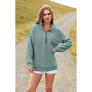 PRETTYGARDEN Women Causal 1/4 Zip PulloverLong Sleeve Collar Sweatshirts Solid Activewear Running Jacket (Green, Large)