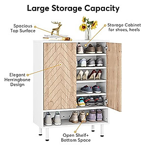 Tribesigns Shoe Cabinet, 18 Pair Rack Organizer Cabinet with Door, 6-Tier Modern Storage Shelves for Entryway Hallway Closet, White and Brown