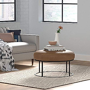 Amazon Brand – Rivet Revere Round Leather Iron-Framed Ottoman, 30.3"W, Cognac