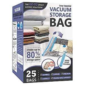 25 Pack Space Saver Bags (5 Jumbo/5 Large/5 Medium/5 Small/5 Roll) Compression Storage Bags for Comforters and Blankets, Vacuum Sealer Bags for Clothes Storage, Hand Pump Included