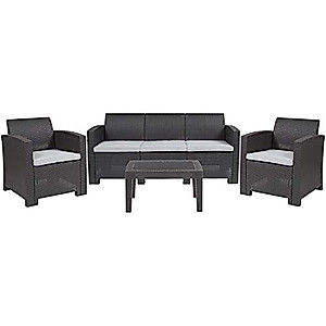 Flash Furniture 4 Piece Outdoor Faux Rattan Chair, Sofa and Table Set in Dark Gray, 30 x 67.5 x 27