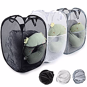 DEDU 3 Pack Pop-Up Laundry Hamper Large Foldable, Portable Mesh Laundry Basket with Handles and Side Pocket, Popup Laundry Bags Extra Large Heavy Duty for Travel and College Dorm (Black-White-Gray)