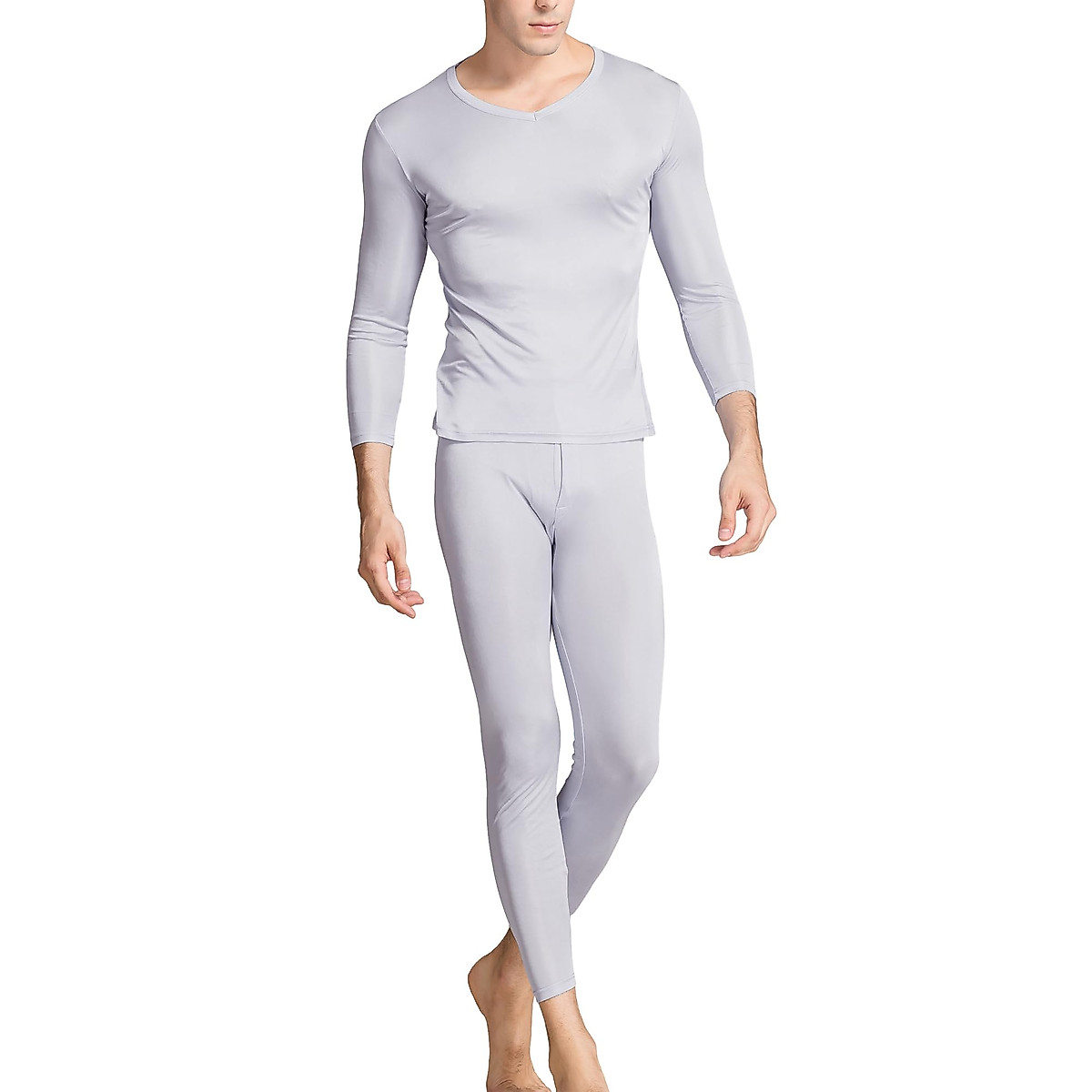 Grenasasilk Men's Silk Long Johns Mulberry Silk Long Underwear V-Neck Breathable Thermal Underwear Sets & Undergarments (L, Silver Grey)