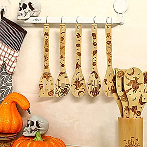 Nialnant Halloween Wooden Kitchen Utensil Set with Storage Bucket, Wooden Spoons for Cooking,Non-Stick Bamboo Cooking Utensils,Fun Gift Ideas for Women - Witch Pattern