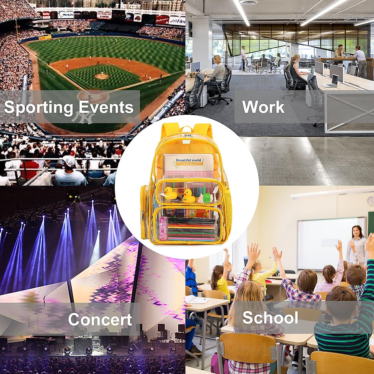 CAMTOP Clear Backpack Heavy Duty PVC Transparent Bag See Through BookBag for Student School Work Festival Sport Travel(17 Inch,Yellow)