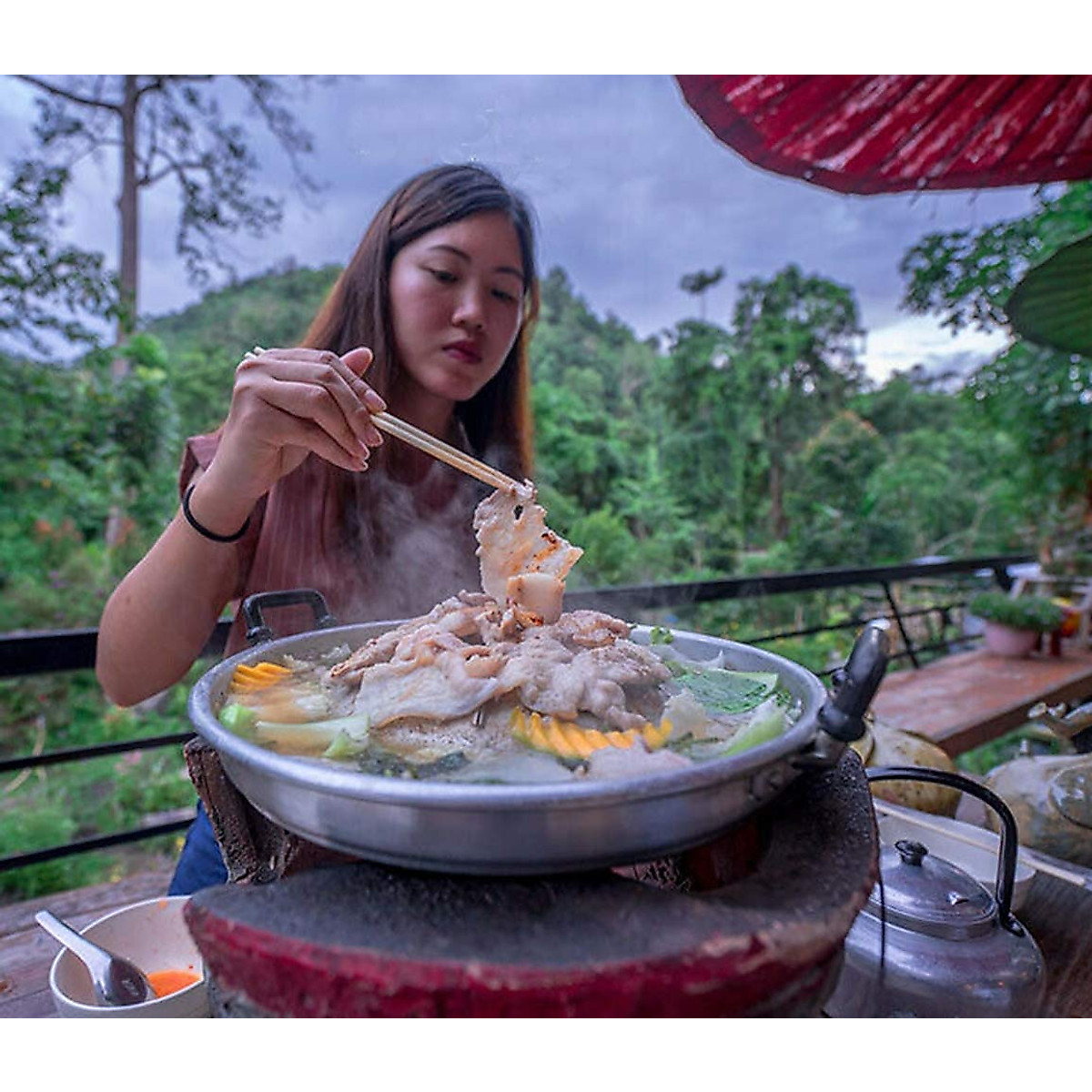 Cozinest Mookata Thai Korean BBQ Smoke Steak Grill Charcoal Pan Pork Hot Pot Aluminium Asian Cookware Style 12" 14" 16" (12 inch (30 cm))