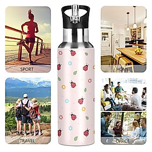 Ladybugs-flower-pattern Insulated Water Bottle with Straw, Stainless Steel Sports Water Bottles, Double Wall Vacuum, Leakproof, BPA-Free 20 oz