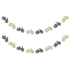 Black and Gold Bicycle Party Banner Bike Sports Theme Garland for Boy Birthday Baby Shower Party Decoration - 2 Strands