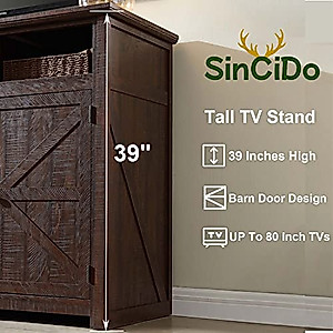 SinCiDo Farmhouse TV Stand for TVs Up to 80 inches, 39" Tall Highboy Entertainment Center w/Barn Door, Large Wood Rustic TV Console Cabinet w/Adjustable Shelves for Living Room, 70inch, Brown