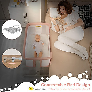 INFANS 3 in 1 Baby Bassinet, Bedside Sleeper for Newborn, Folding Crib with Mattress, Travel Bag, Wheels, 4-Sided Mesh, Easy to Assemble Cradle Co Sleeper Stationary, Rock (Pink)