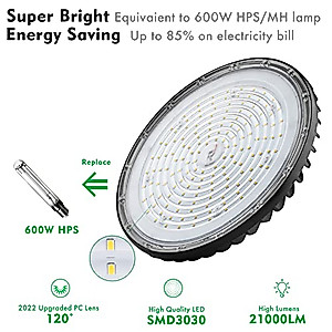 bulbeats LED High Bay Light 150W, 21000Lm (Eqv.600W MH/HPS) UFO high Bay LED Light, 5000K Daylight ETL Listed Bay Lighting with US Plug Energy Saving Upto 1100KW*4/Y(5Hrs/Day) -4Pack