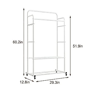 Clothes Rack with Shelves,Double Rod Clothing Garment Rack on Wheels Clothes Drying Rack for Indoor Bedroom Living Room (White)